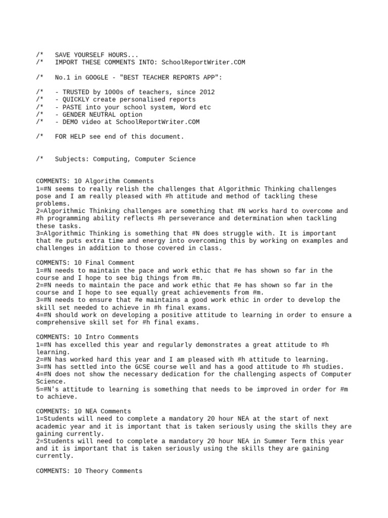 SchoolReportWriter DotCOM Comment Bank Computing-Computer-Science | PDF | Computer Programming ...