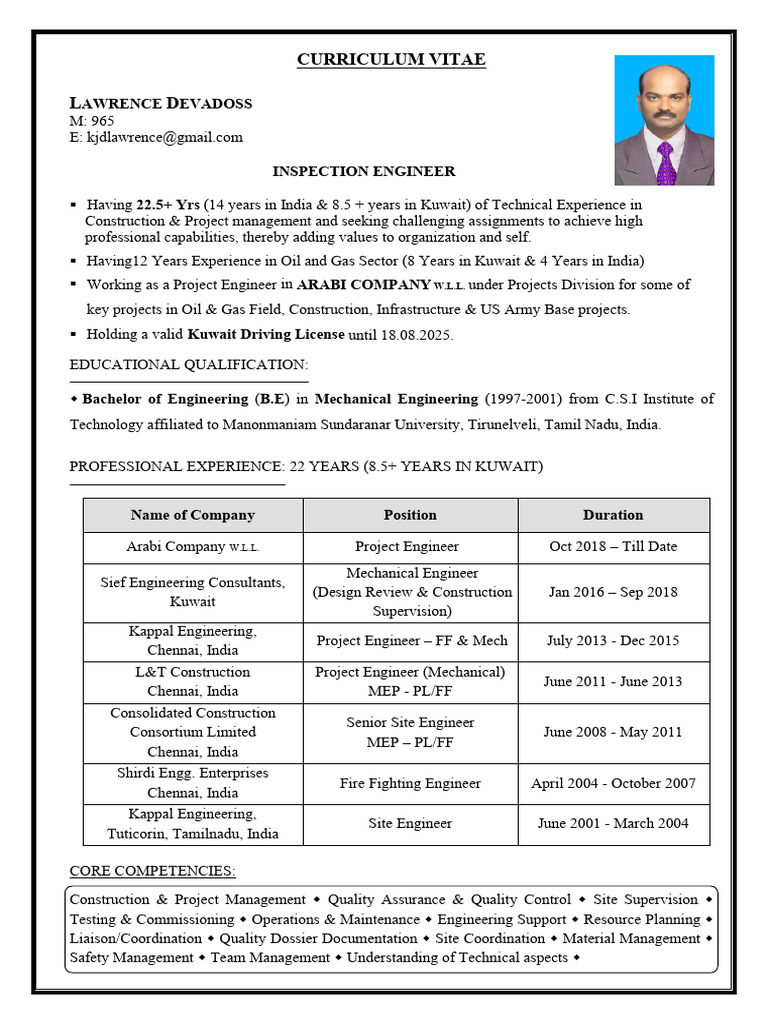 CV - Lawrence Devadoos (Inspection Engineer) | PDF | General Contractor ...