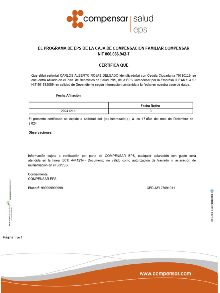 Certificado de Afiliación EPS Compensar | PDF