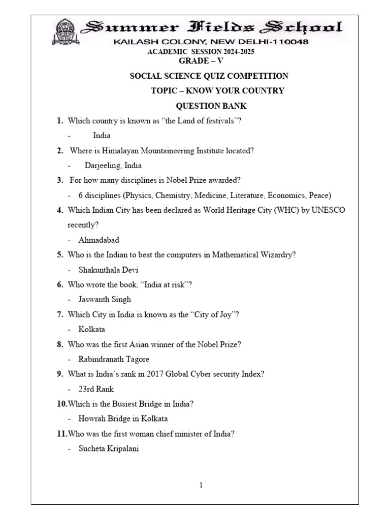 Grade V Social Science Quiz Questions | PDF