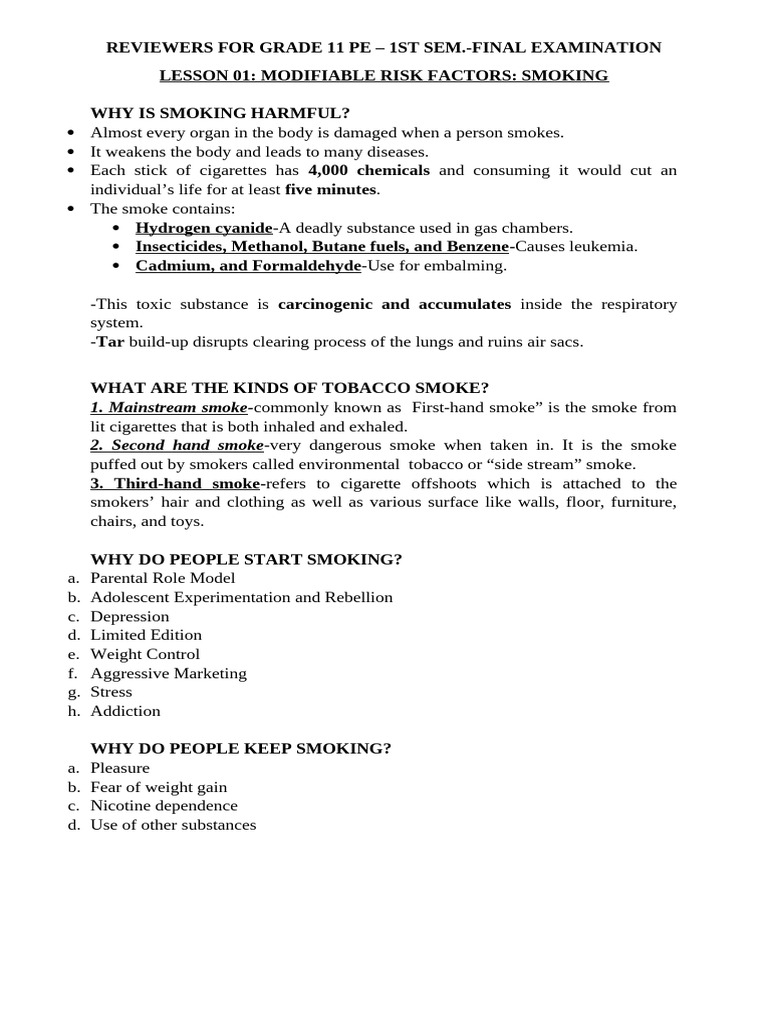 Grade 11 PE Exam Review: Smoking & Lifestyle Risks | PDF | Heart ...
