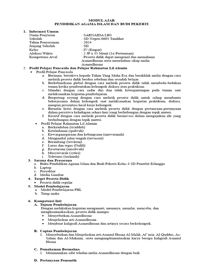 Modul Ajar PAI Kelas 4 PBL | PDF
