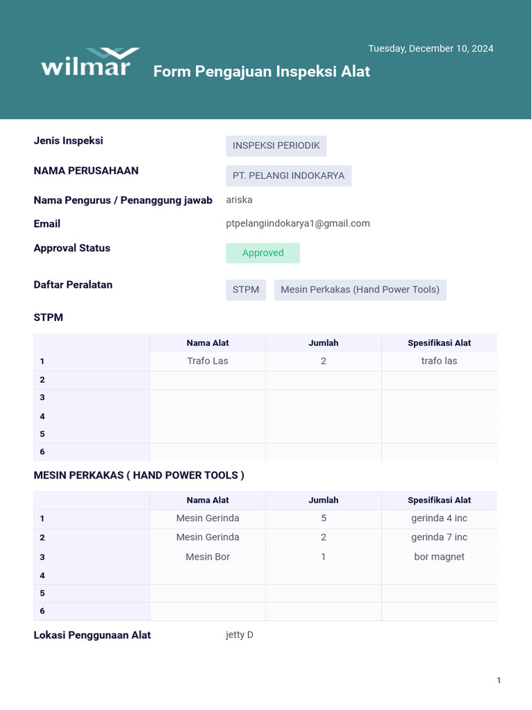 Inspeksi Periodik Pt. Pelangi Indokarya | PDF