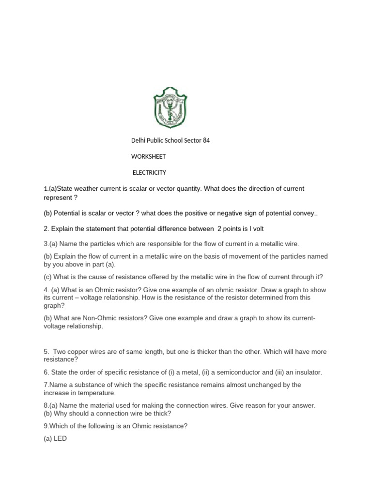 Class 10 Electricity Worksheet | PDF | Electrical Resistance And ...