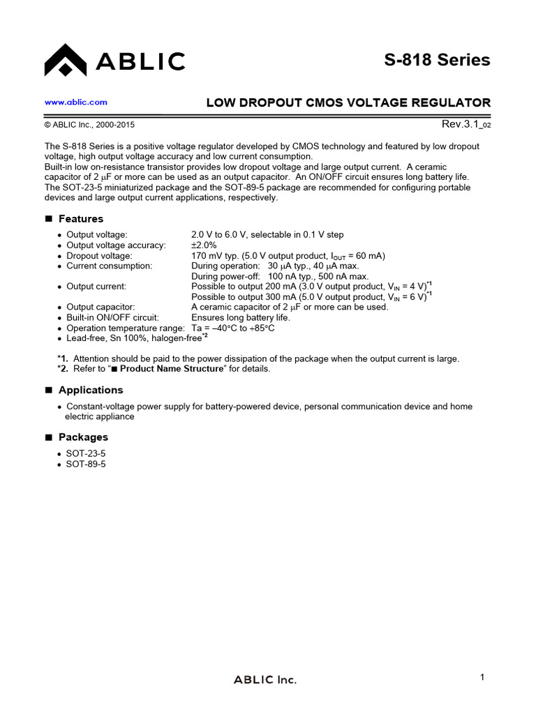 S-818 Low Dropout Voltage Regulator | PDF | Capacitor | Cmos