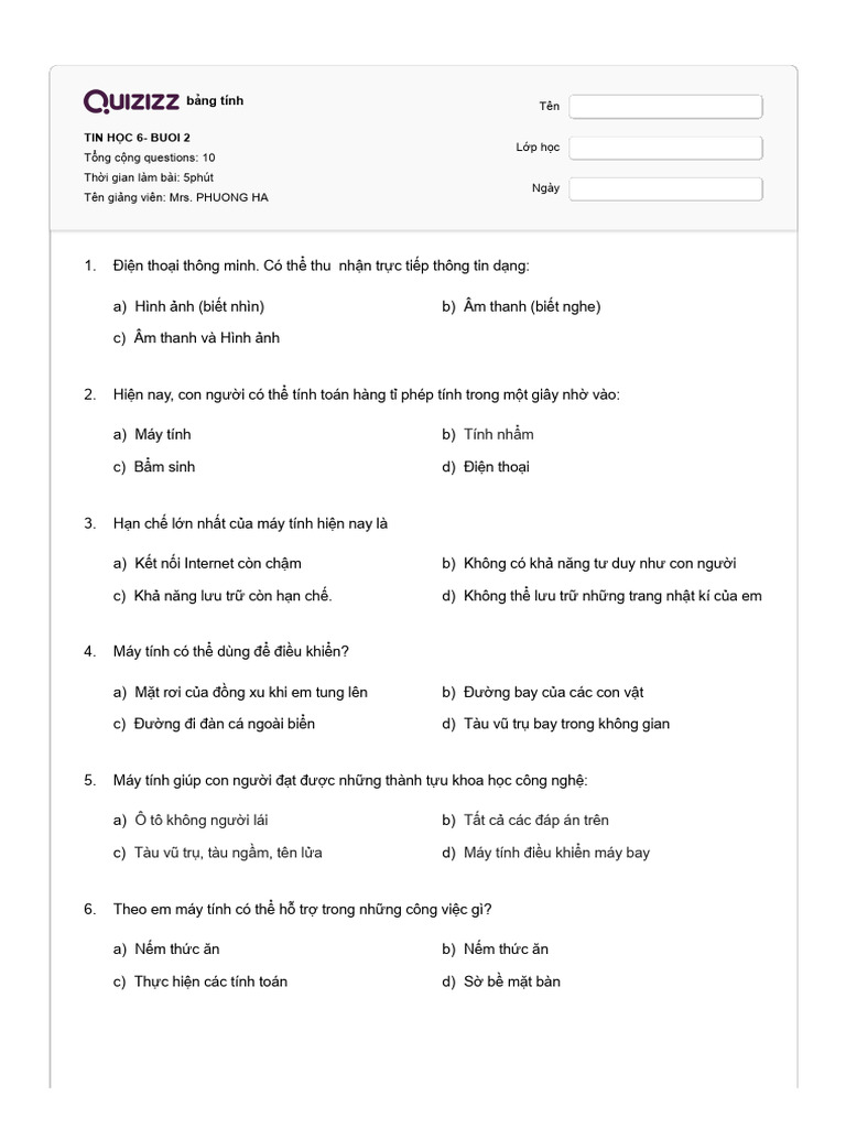 TIN HỌC 6- BUOI 2 - Quizizz | PDF