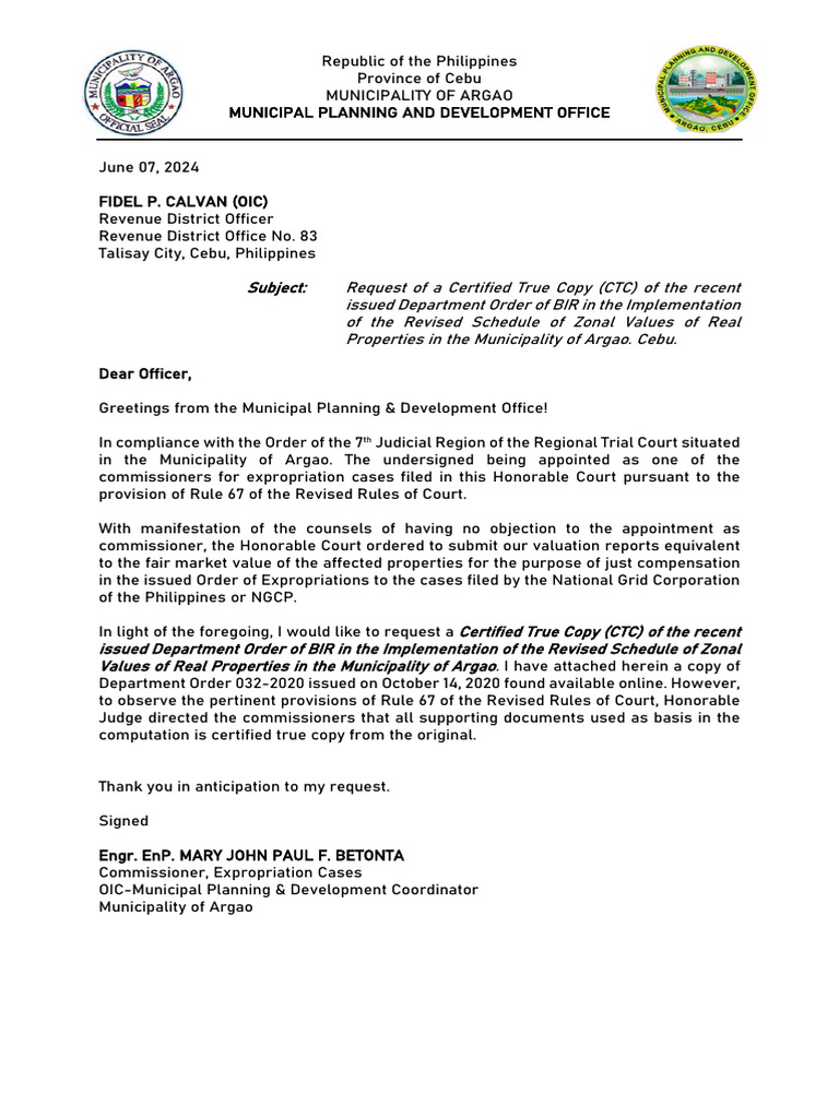 BIR Request Letter of Zonal Value | PDF