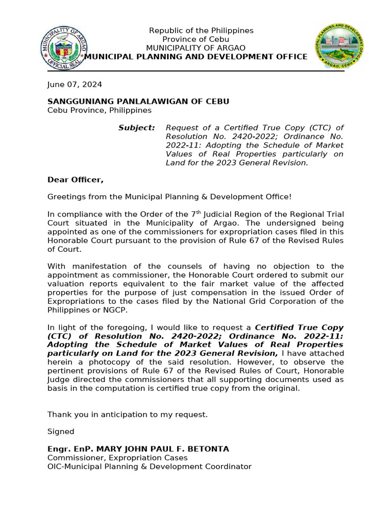 PLUC Request Letter of CTC Resolution | PDF