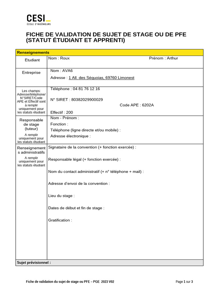 Fiche de validation de stage PFE 2023 | PDF