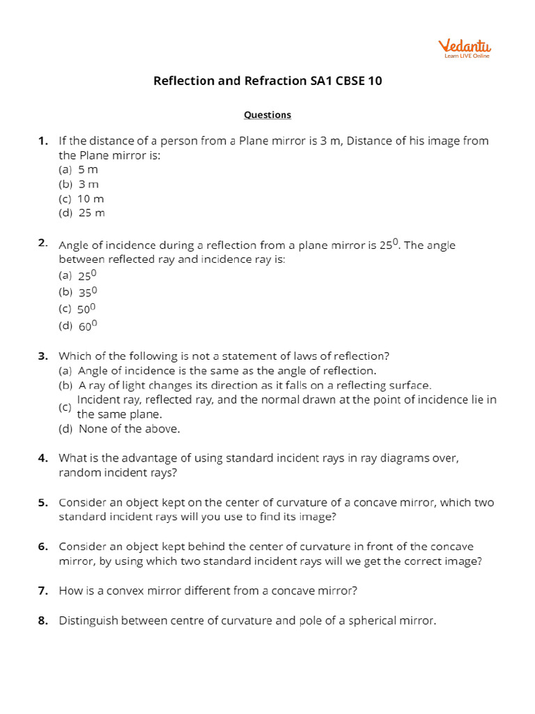Reflection and Refraction SA1 CBSE 10 | PDF