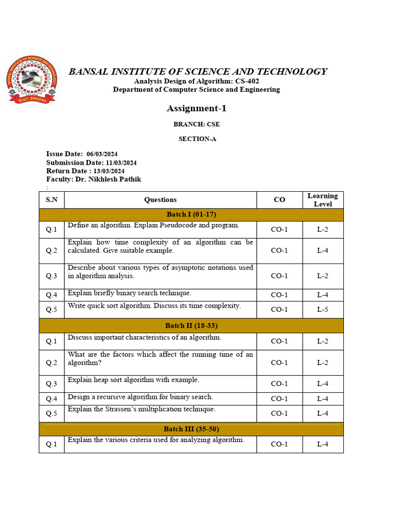 ADA_CS 402 Unit 1 Assignment 1 | PDF | Algorithms | Computer Science