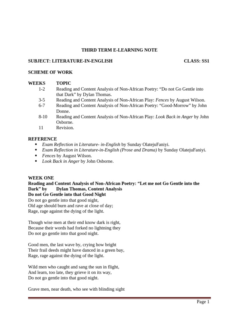 THIRD TERM SS1 LITERATURE IN ENGLISH | PDF | Poetry