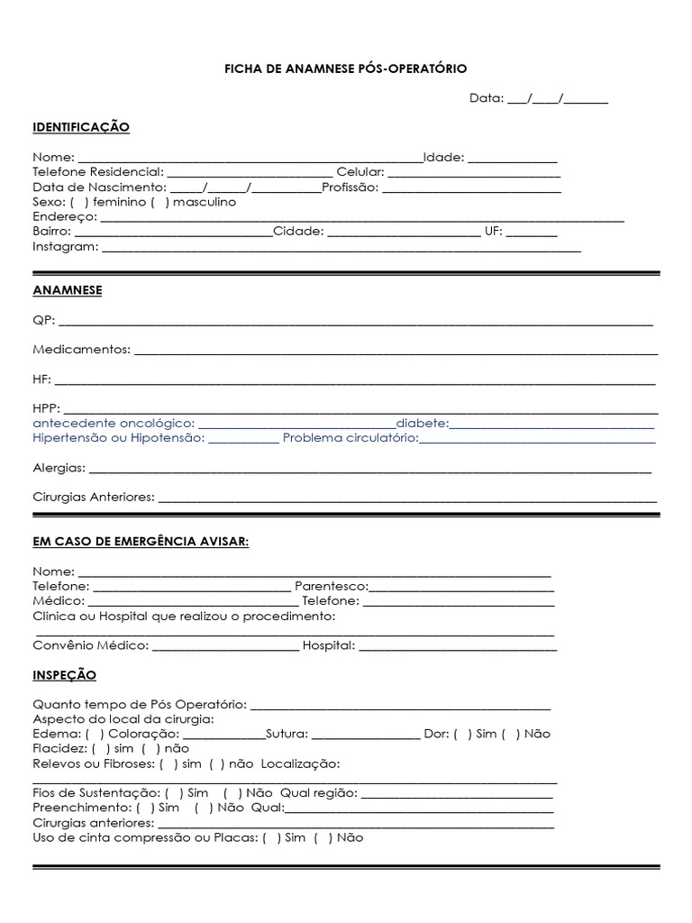 ficha amamnese pos operatorio Dalva | PDF | Medicina Clínica | Especialidades médicas