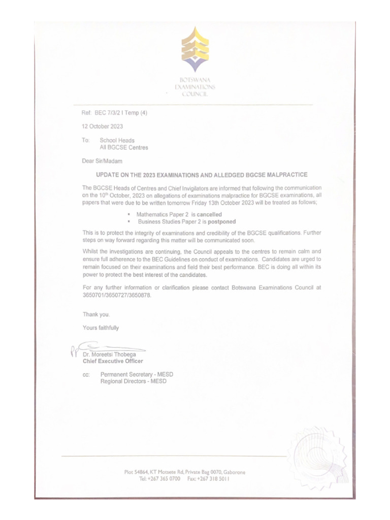 BGCSE Letter - Maths 2 and Business Studies Paper 2 | PDF