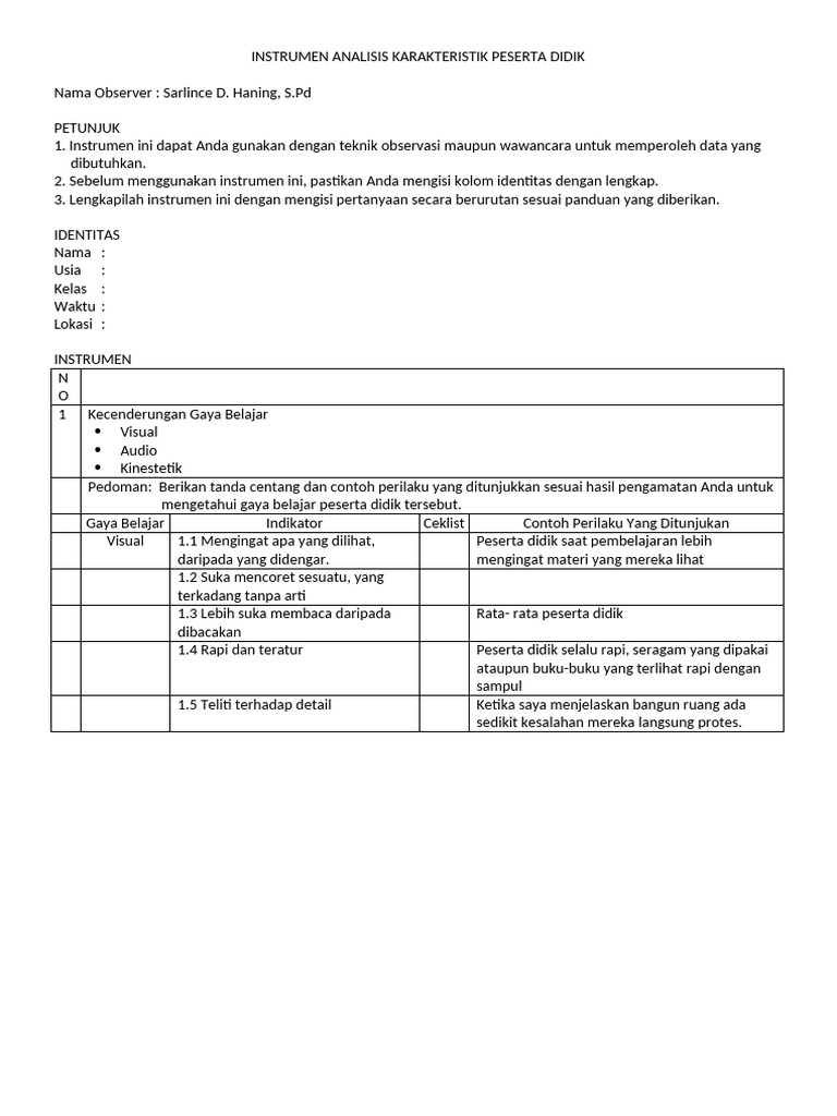 INSTRUMEN ANALISIS KARAKTERISTIK PESERTA DIDIK | PDF