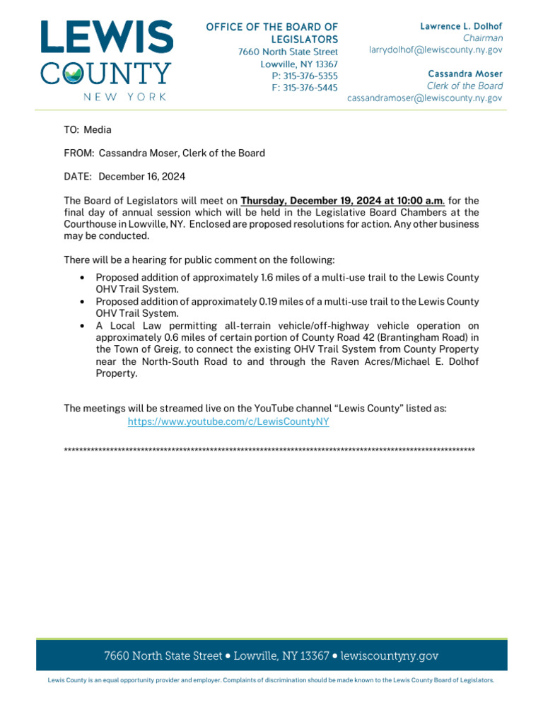 Lewis County Board of Legislators Agenda and Resolutions Dec. 19, 2024 ...