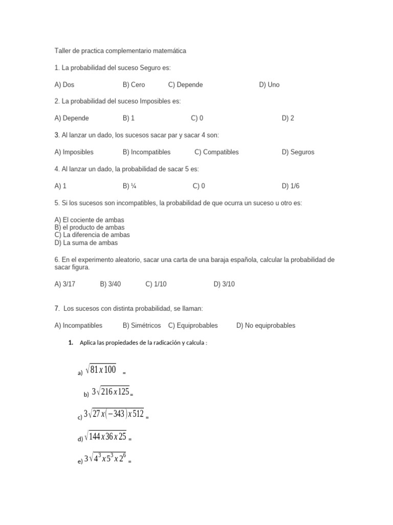Taller de Practica Complementario Matematica 11 | PDF | Probabilidad | Matemáticas