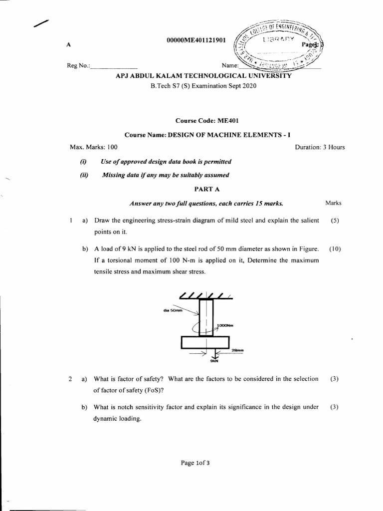 Me401 B.tech s7 Design of Machine Elements I Sept 2020 | PDF