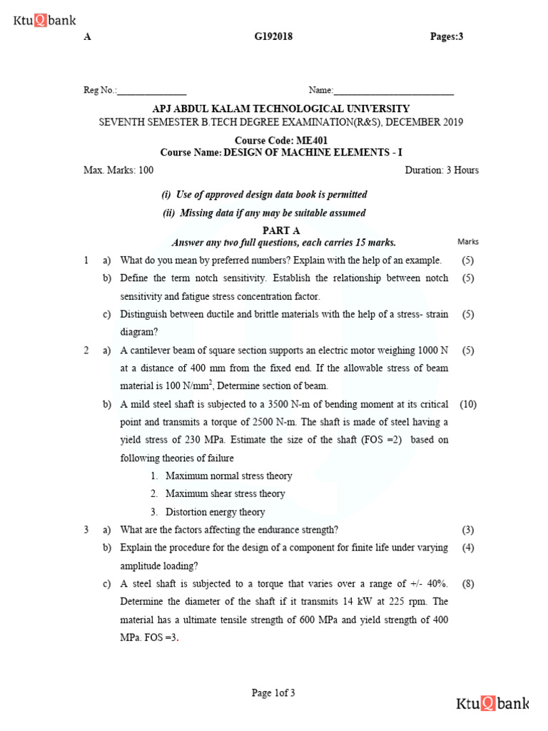 2019 Dec. ME401-D - Ktu Qbank | PDF | Strength Of Materials | Stress (Mechanics)