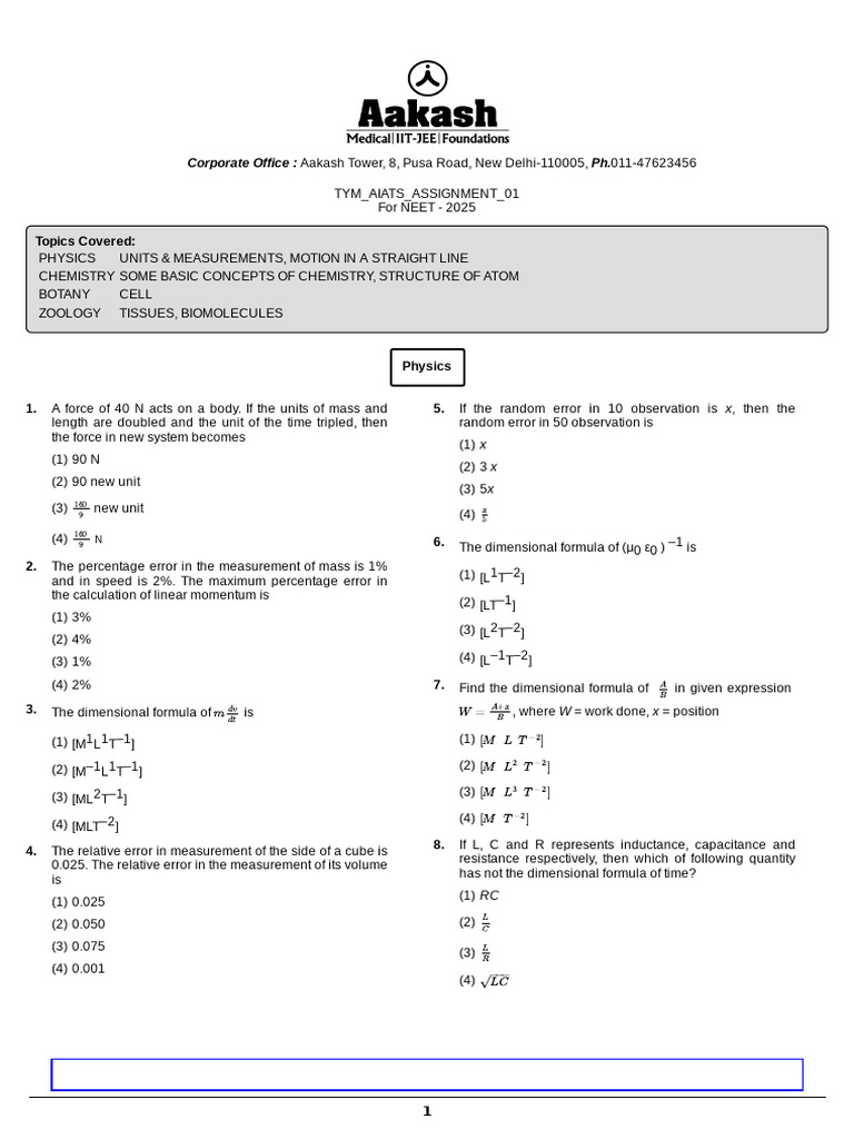 Tym Aiats Assignment 01 QP | PDF | Acceleration | Velocity