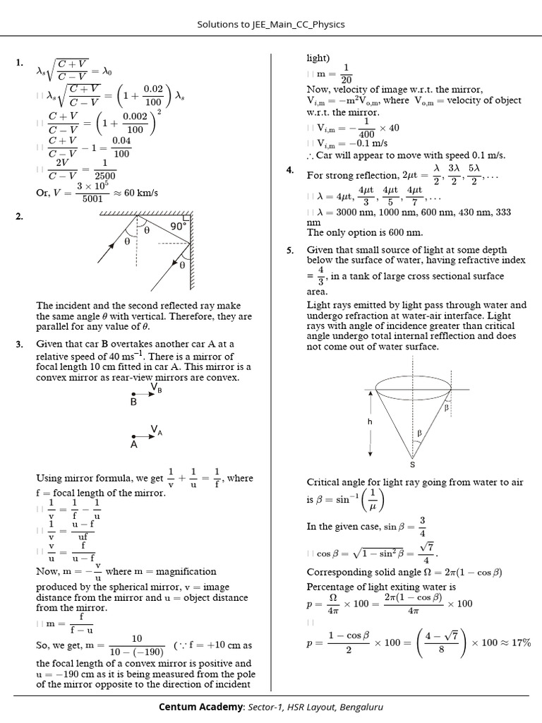 JEE_Main_CC_Physics-Solutions (Ray & Wave Optics) | PDF | Reflection (Physics) | Refraction