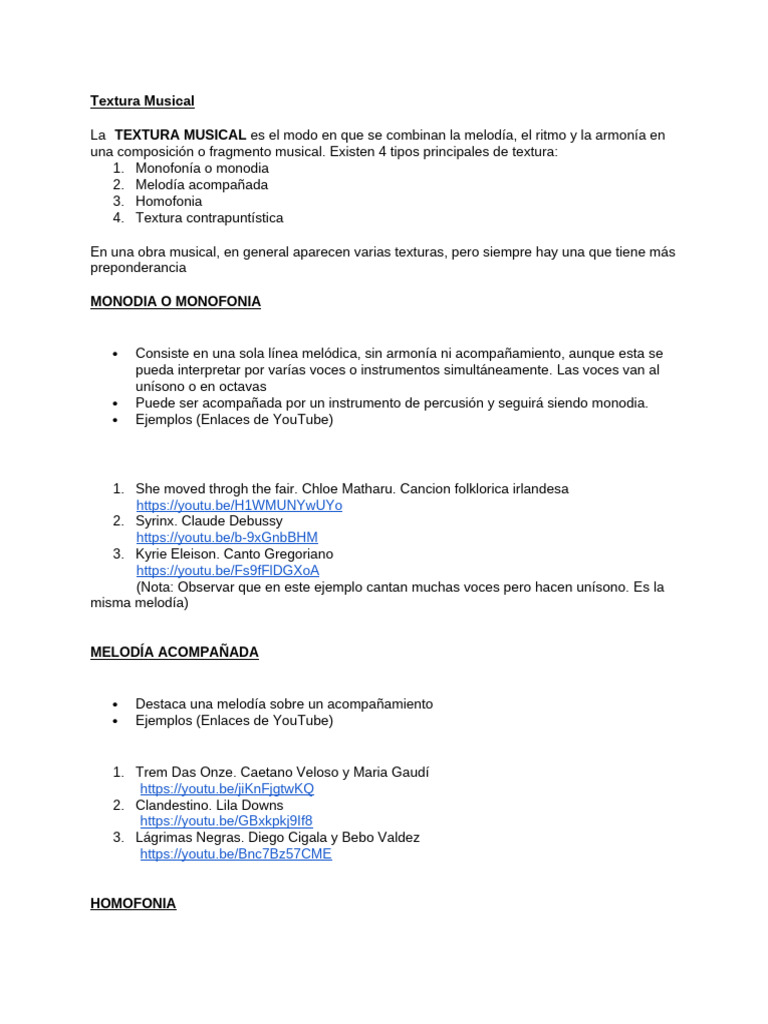 Tipos de Textura Musical Explicados | PDF | Elementos de la música ...