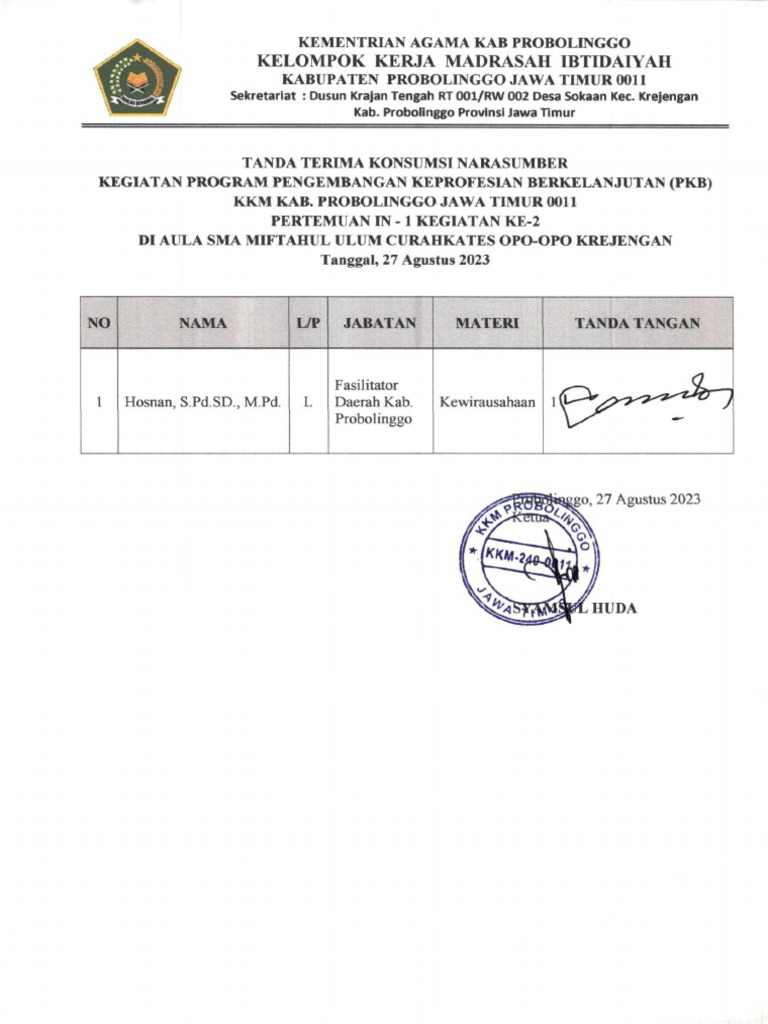Tanda Terima Konsumsi Narasumber - Hosnan - 27 Agt | PDF