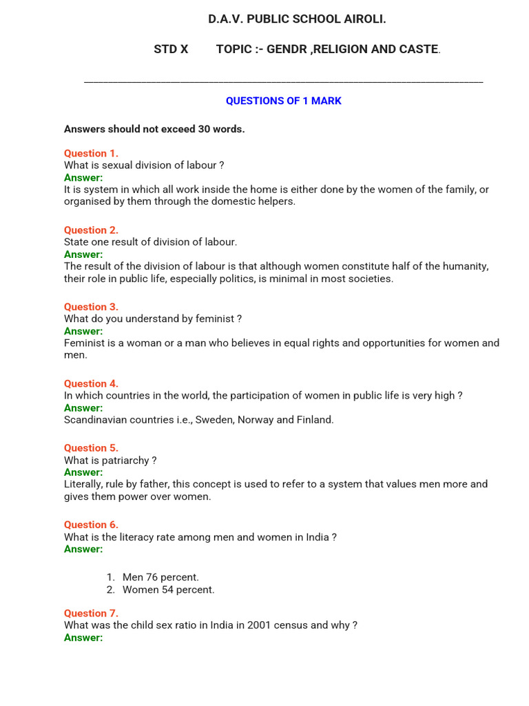 Gender Religion and Caste .Question and Anser. | PDF | Dalit | Caste