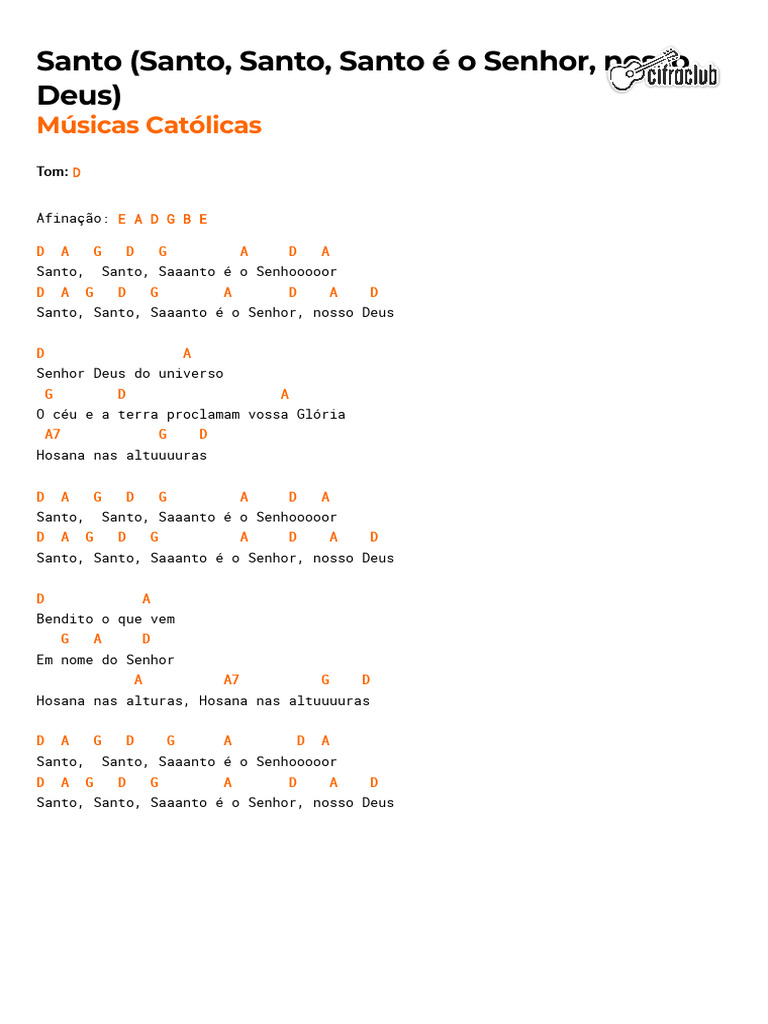 Cifra Club - Músicas Católicas - Santo (Santo, Santo, Santo é o Senhor ...