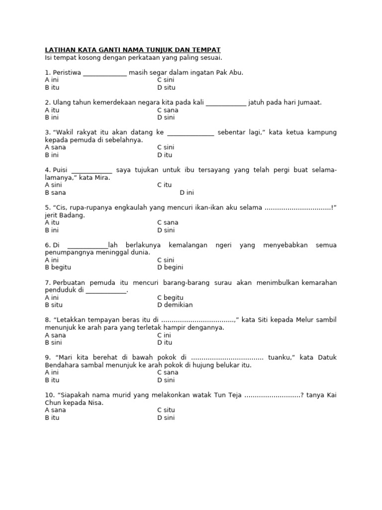 Latihan Kata Ganti Nama Tempat Dan Tunjuk | PDF