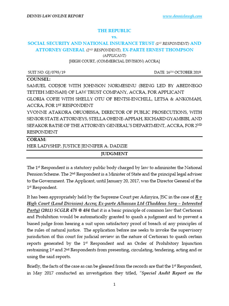 The Republic VS Ssnit, Ex-Parte, Ernest Thompson PDF | PDF | Separation Of Powers | Legal Procedure