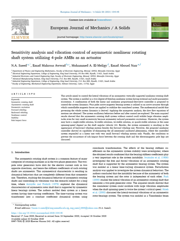 Vibration Control of Nonlinear Rotating Shaft | PDF | Control Theory | Nonlinear System