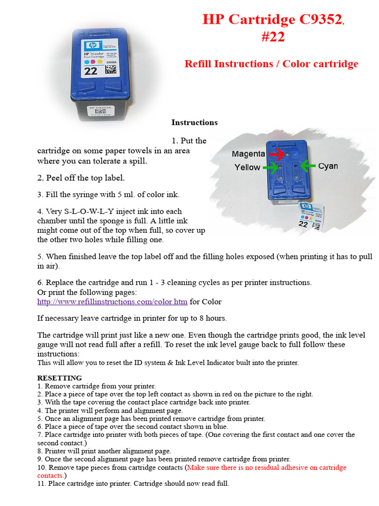 Refill Instructions For The HP 22 Color Ink Cartridge | PDF | Printer (Computing) | Office Work