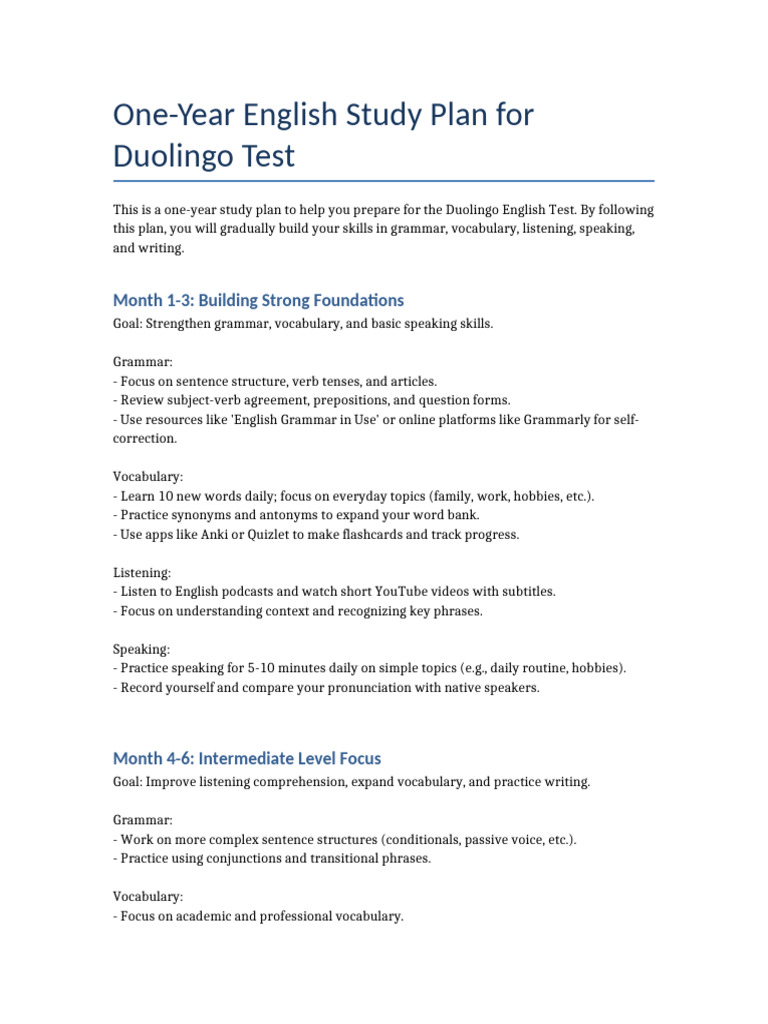One-Year Duolingo Test Study Plan | PDF | Vocabulary | English Language