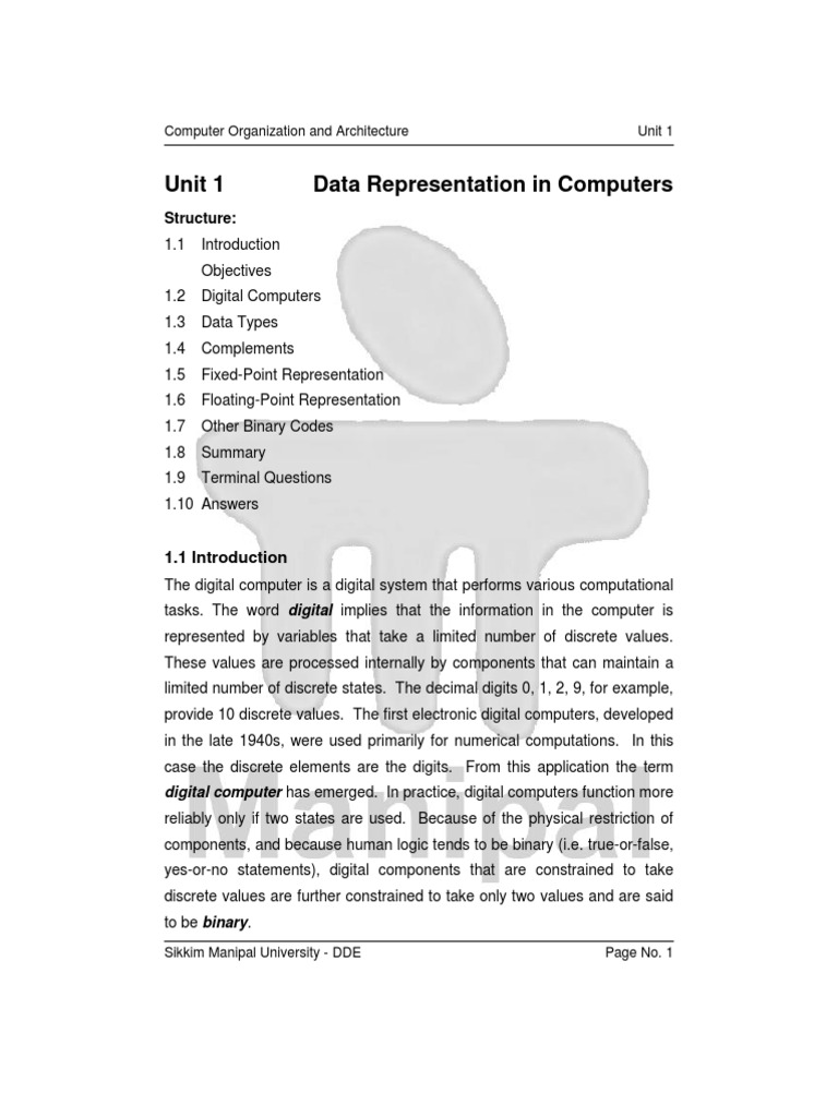 Data Representation in Digital Computers | PDF | Binary Coded Decimal | Subtraction