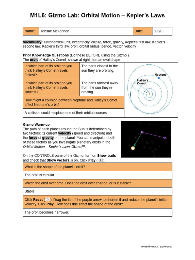 Copy of M1 L6: Gizmo Lab: Orbital Motion - Keplers Laws | PDF | Orbit ...