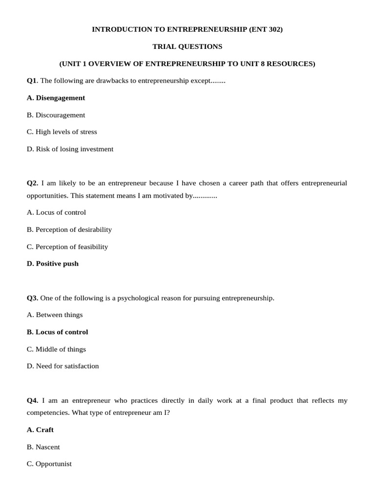 ENT 302 TRIAL QUESTIONS | PDF | Entrepreneurship | Cost Of Living