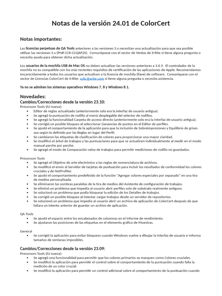 ColorCert Release Notes ES | PDF | Mac OS | Servidor (Computación)