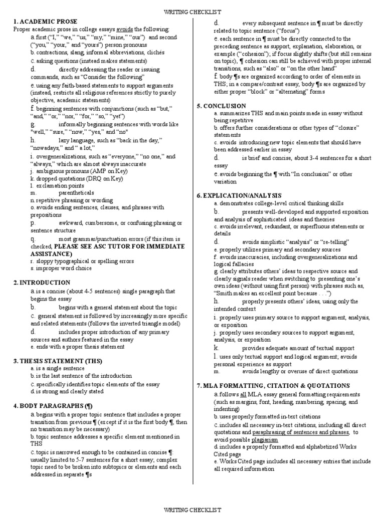 Comprehensive Checklist | PDF | Sentence (Linguistics) | Essays