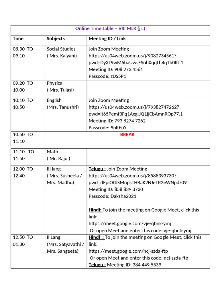 Online Time table - Class 8 Martin Luther King (jr.) (1) | PDF