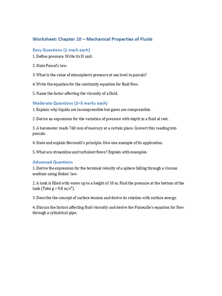 Worksheet Chapter10 Mechanical Properties of Fluids | PDF