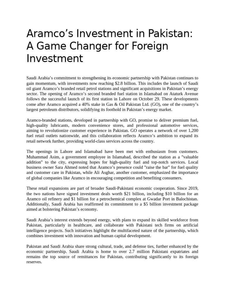 Aramco's Investment in Pak Article | PDF | Pakistan | Saudi Arabia