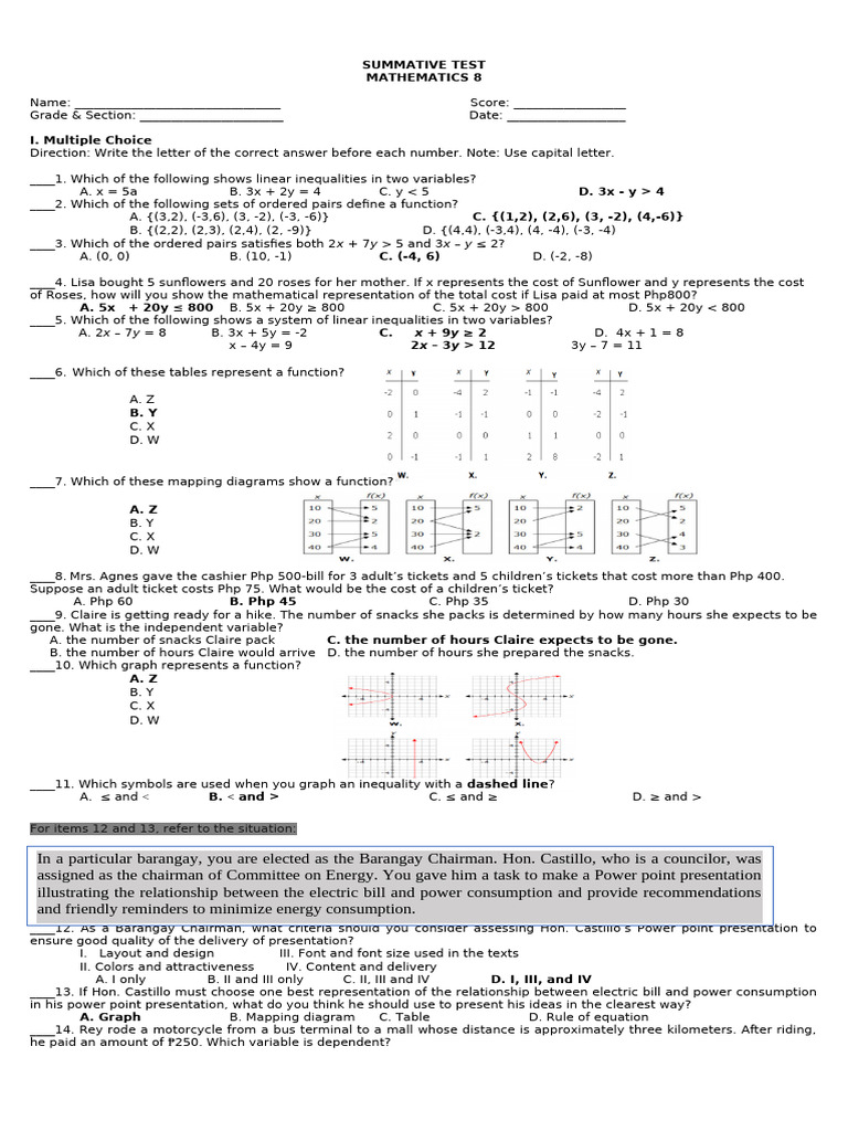 Mathematics 8 Summative Test Questions | PDF | Mathematical Logic | Logic