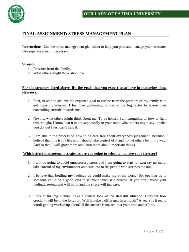 Stress Management Plan for Personal Growth | PDF | Stress (Biology ...