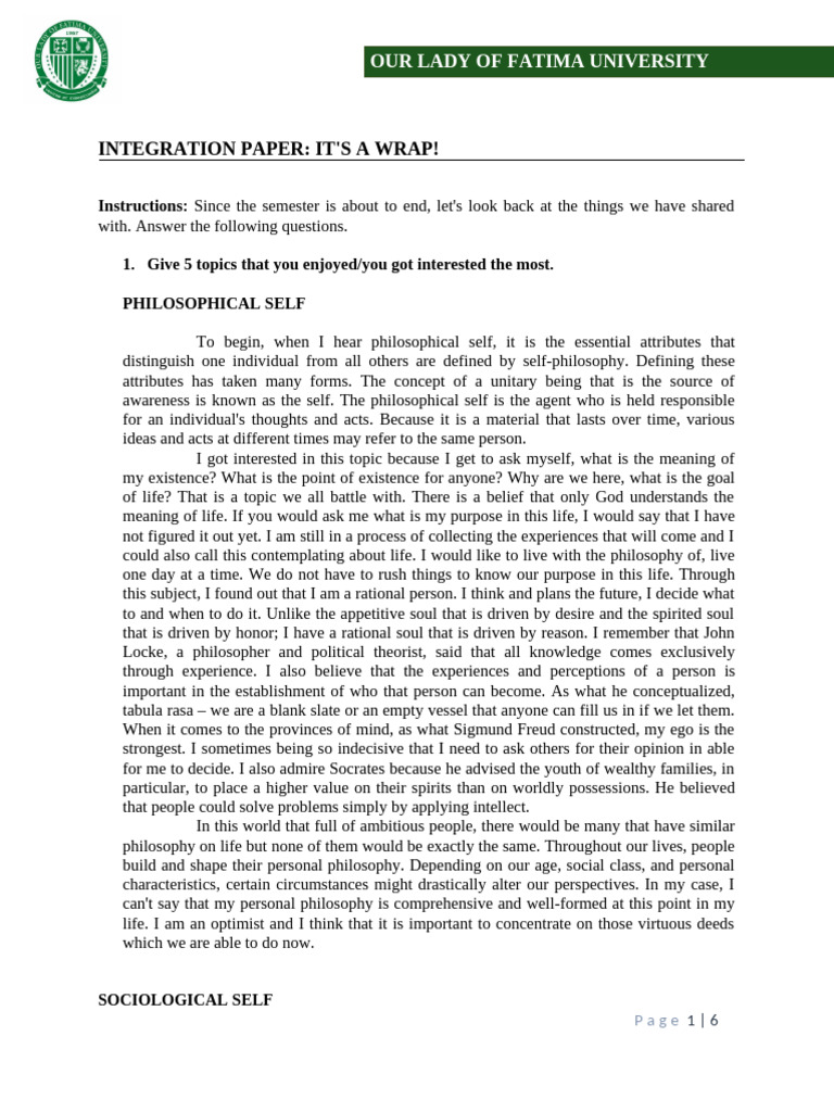 Integration Paper - It's a Wrap! | PDF | Goal | Philosophy Of Self