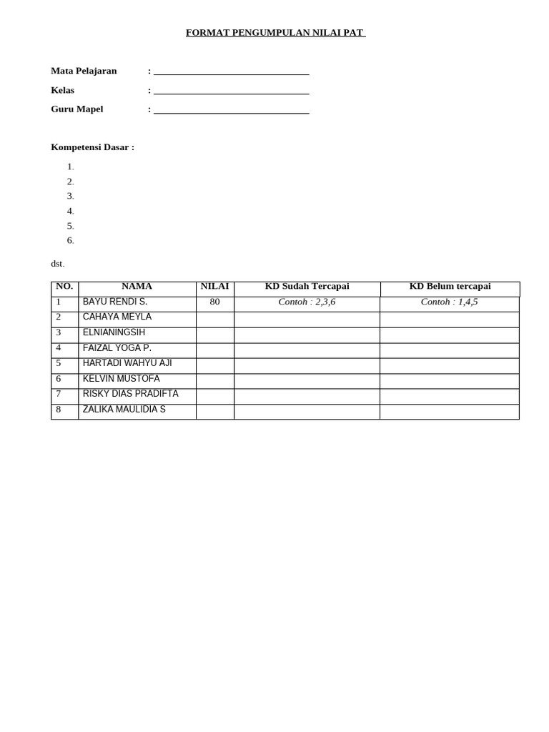 FORMAT PENGUMPULAN NILAI PAT Kumer-1 | PDF