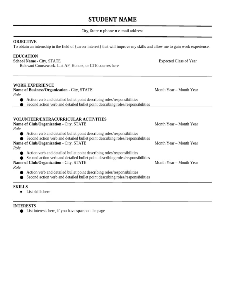 Internship Resume Template for Students | PDF