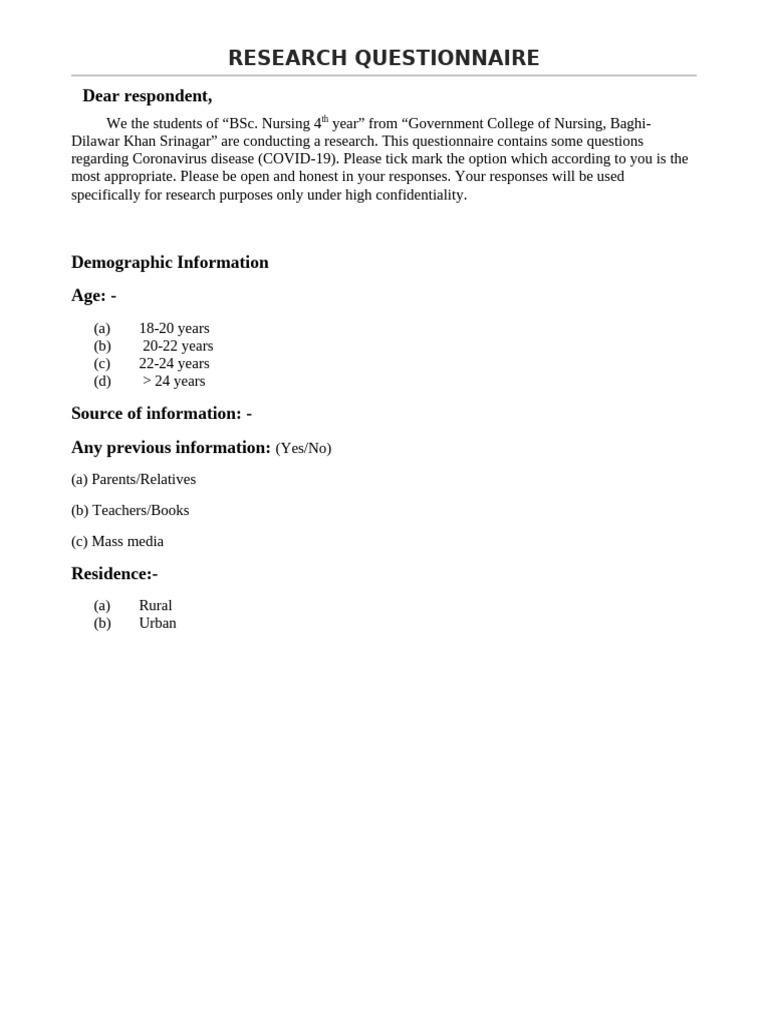 Research Questionnaire Maryum-1 | PDF | Personal Protective Equipment | Virus