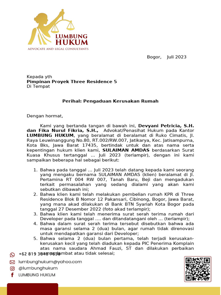 Surat Komplain Kepada Developer | PDF