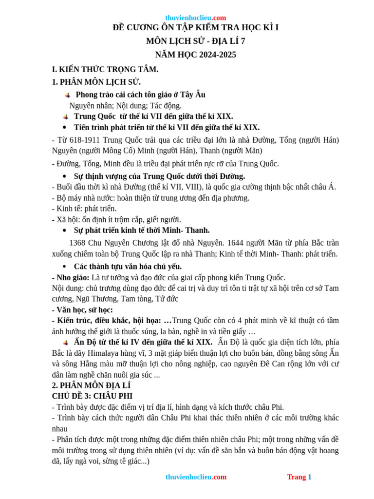 De Cuong On Tap HK1 Lich Su Dia Li 7 CTST Nam 24 25 | PDF